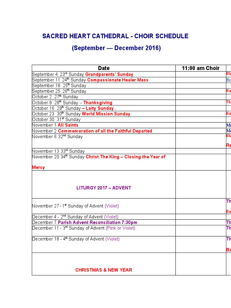 Choir Schedule Sept - Dec 2016 | PDF | Social Science
