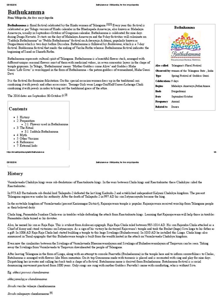 Bathukamma - Wikipedia, The Free Encyclopedia | PDF | Hindu Worship | Religion And Belief