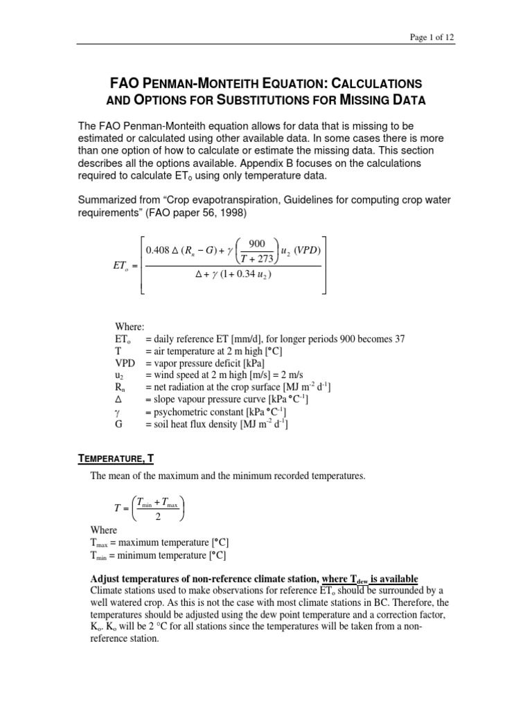 FAO Penman-Monteith Equation for ET | Climate | Celsius