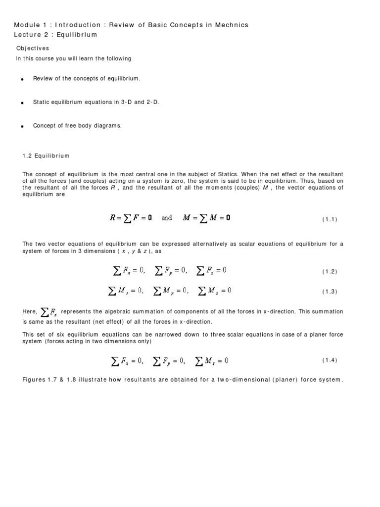 Module 1: Introduction: Review of Basic Concepts in Mechnics Lecture 2: Equilibrium | PDF ...