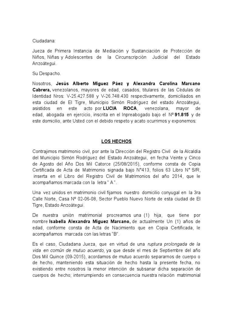 Divorcio 185-A Con Menores (Jesus Miguez y Alexandra Marcano) | PDF ...