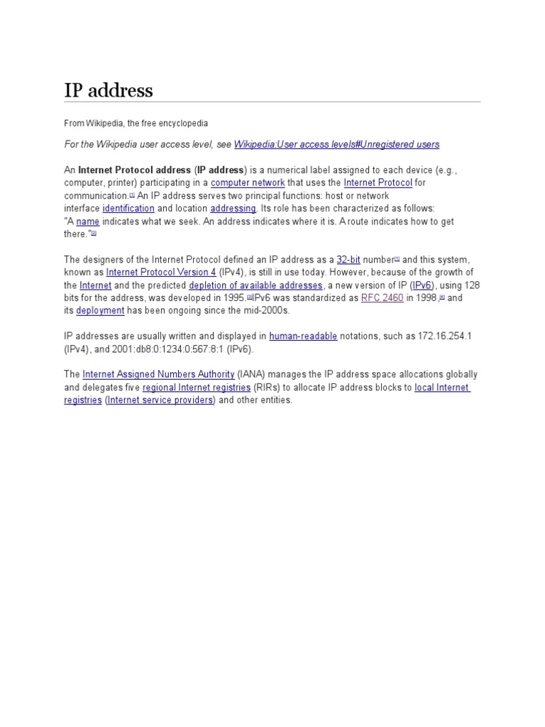 IP Address: For The Wikipedia User Access Level, See | PDF | Ip Address ...