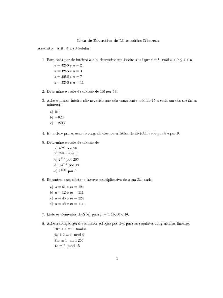 Aritmética Modular - Exercicios | PDF | Ensino de Matemática | Science