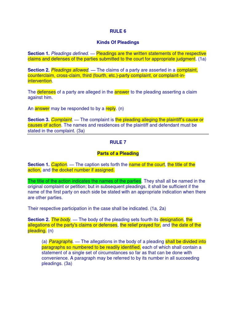 Rule 6 Kinds of Pleadings Section 1. Pleadings Defined | Download Free ...