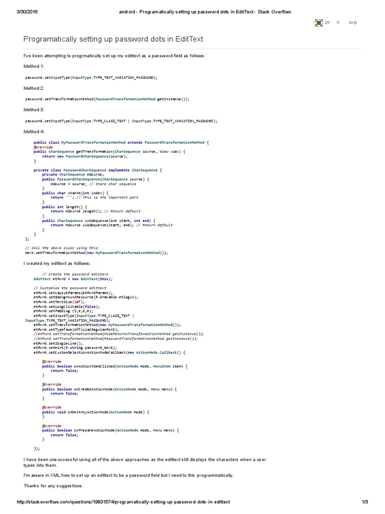 Android Programatically Setting Up Password Dots In Edittext Stack Overflow Download Free