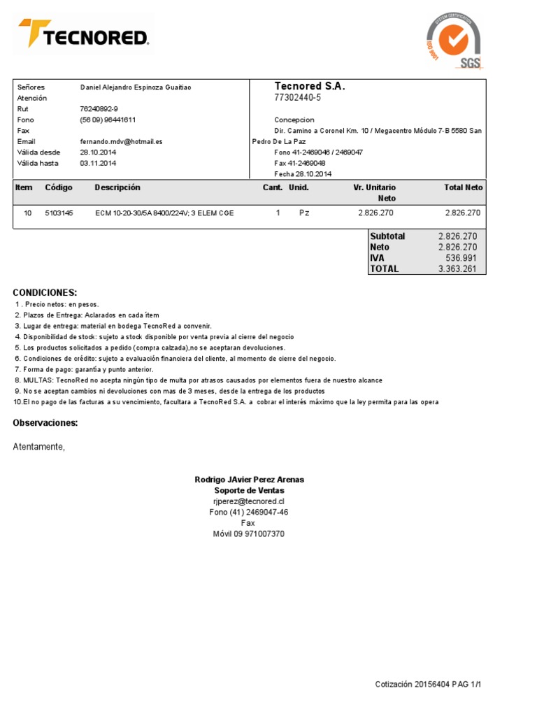 Tecnored S.A.: Item Código Descripción Cant. Unid. Vr. Unitario Neto ...
