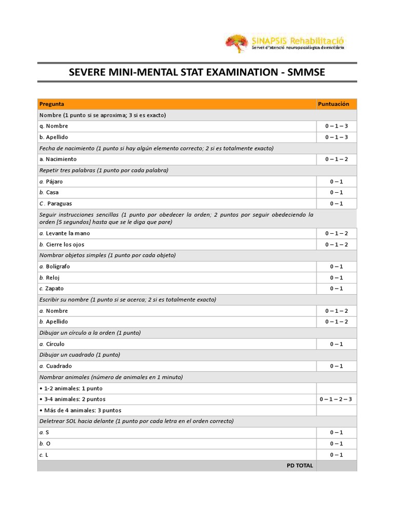 Severe Mini-mental State Examination - Smmmse. Test | Ciencia cognitiva ...