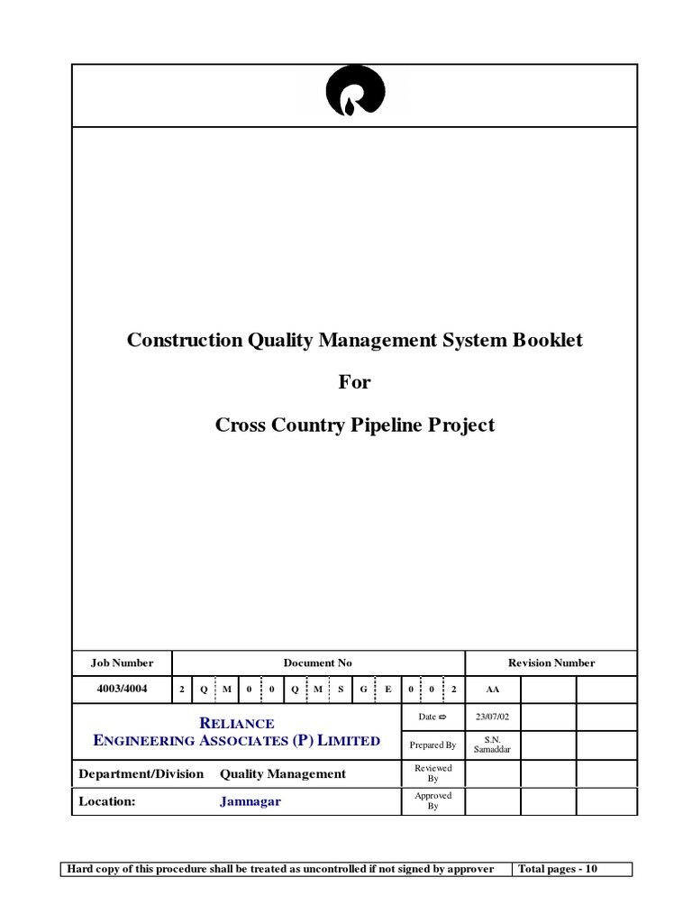 Construction Quality Management System Booklet For Cross Country ...