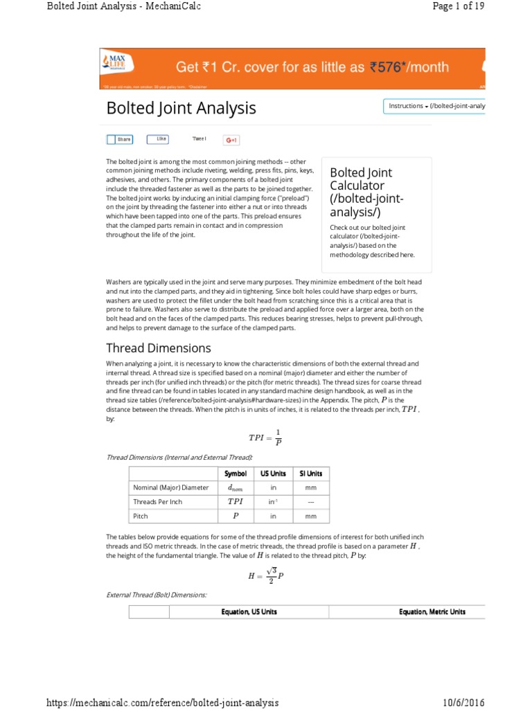 Bolted Joint Analysis | PDF | Screw | Strength Of Materials
