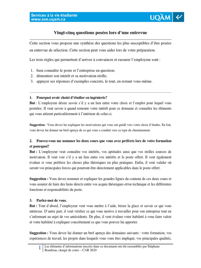 25 Questions Posee Lors D'une Entrevue - 1 PDF | PDF | Motivation ...
