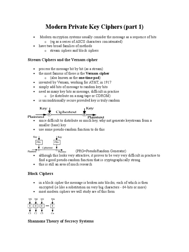 Modern Private Key Ciphers (Part 1) : Stream Ciphers and The Vernam Cipher | PDF | Areas Of ...