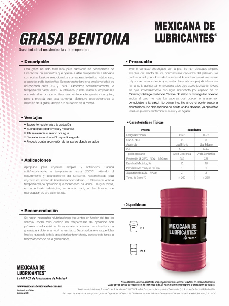 Ficha Tecnica Grasa Bentona Mexicana de Lubricantes | PDF | Lubricante ...