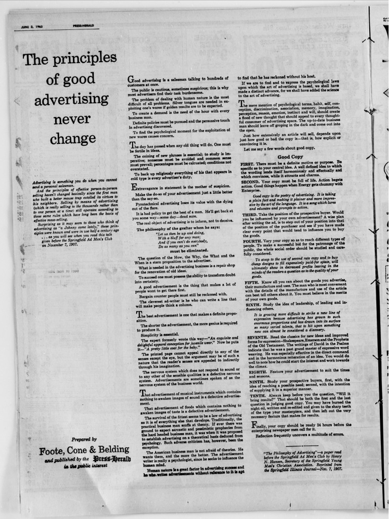 The Principles of Good Advertising Never, Change: Foote, Cone & Belding ...