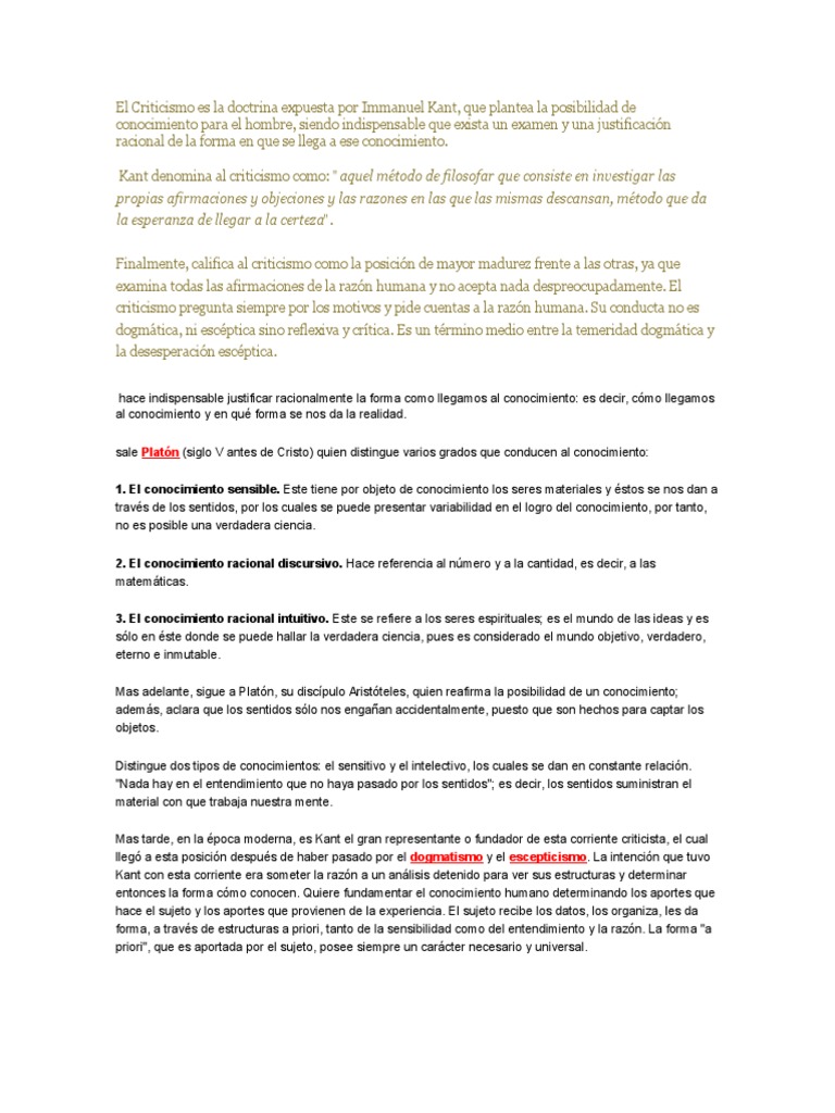 El Criticismo | PDF | Immanuel Kant | Razón