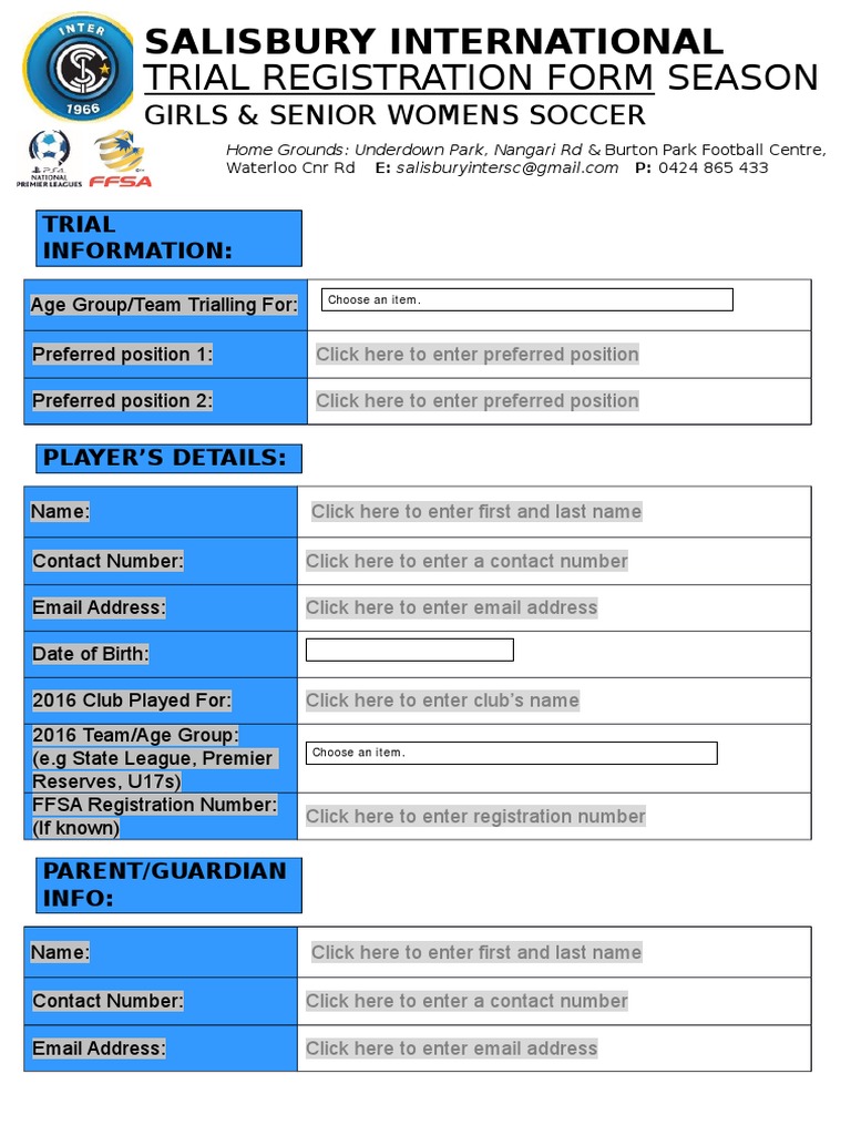 Trial Registration Form Season 2017: Girls & Senior Womens Soccer | PDF