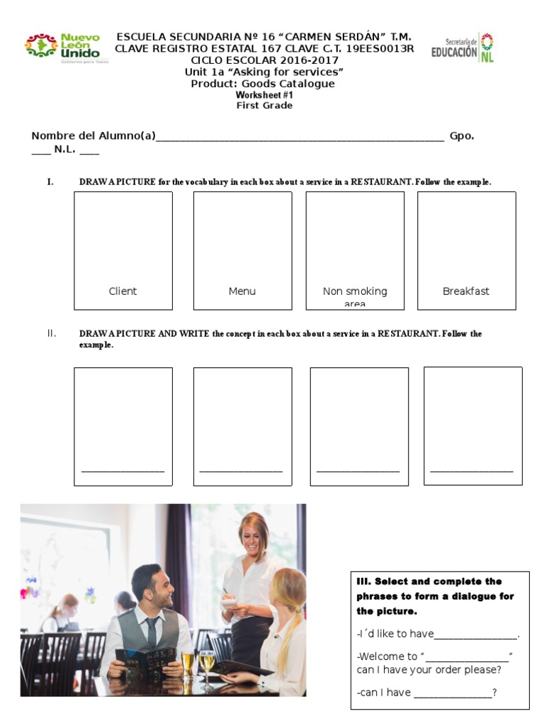 Goods Catalogue Worksheet #1 - Asking for Services in a Restaurant | PDF