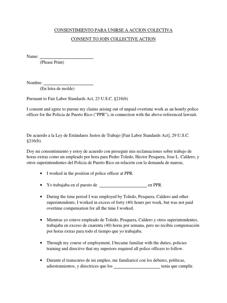 Consent To Join Collective Action Caldero Pre Statute/ Consentimiento ...