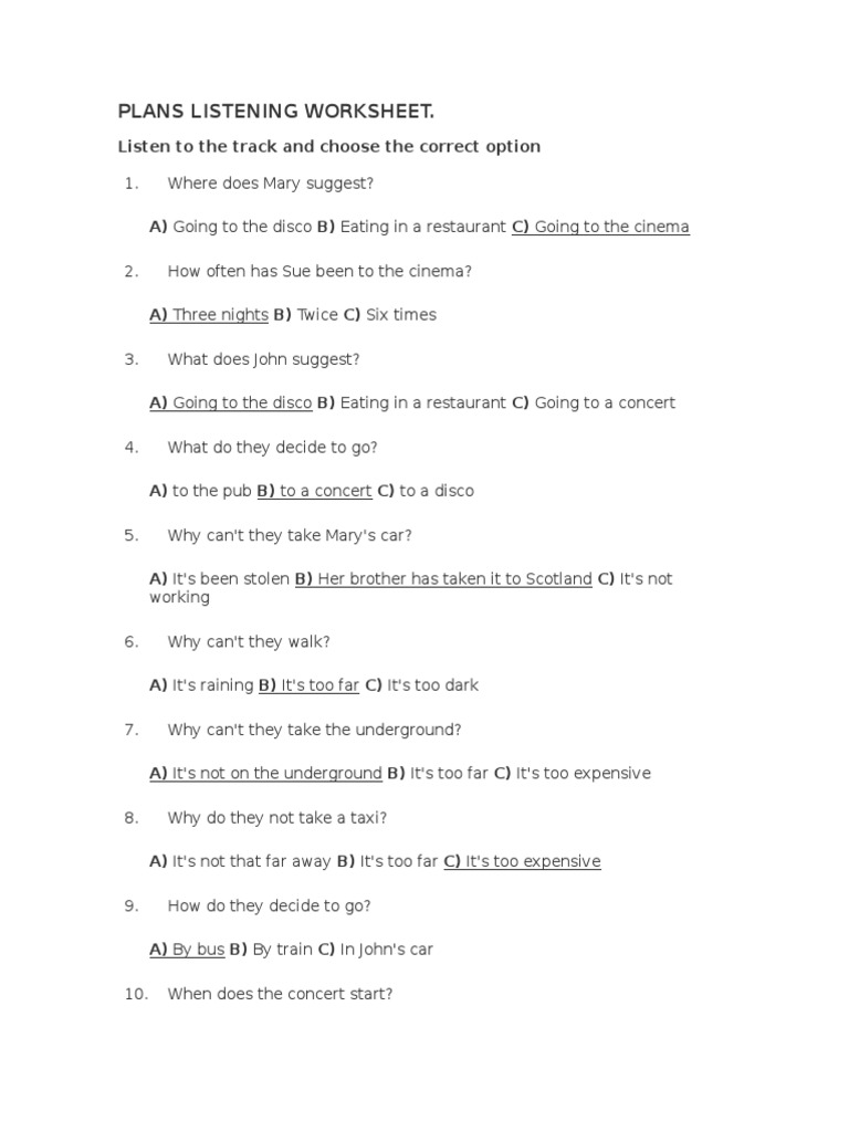 Listening Worksheet: Plans and Suggestions | PDF | Art