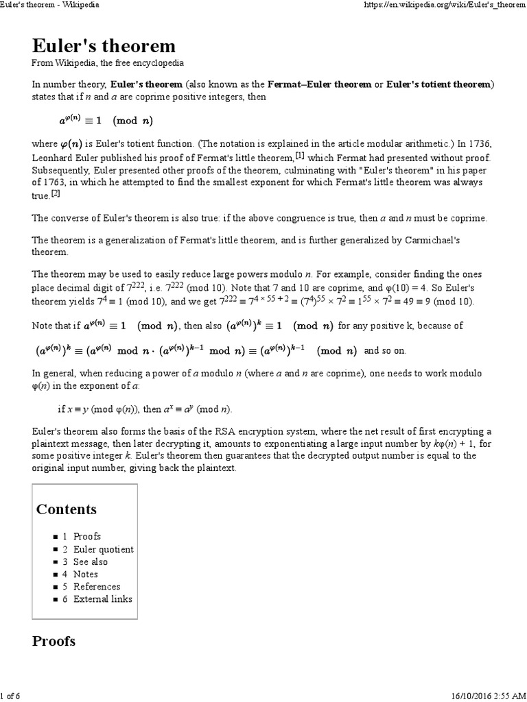 Euler's Theorem - Wikipedia | Algebra | Numbers