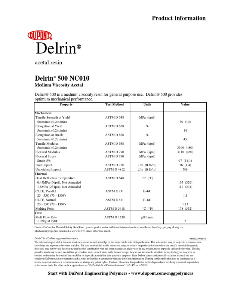 Delrin 500 Material Test Report PO50 | PDF | Yield (Engineering ...