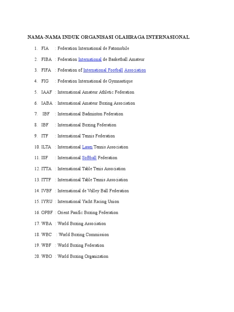Major International Sports Organizations List | PDF