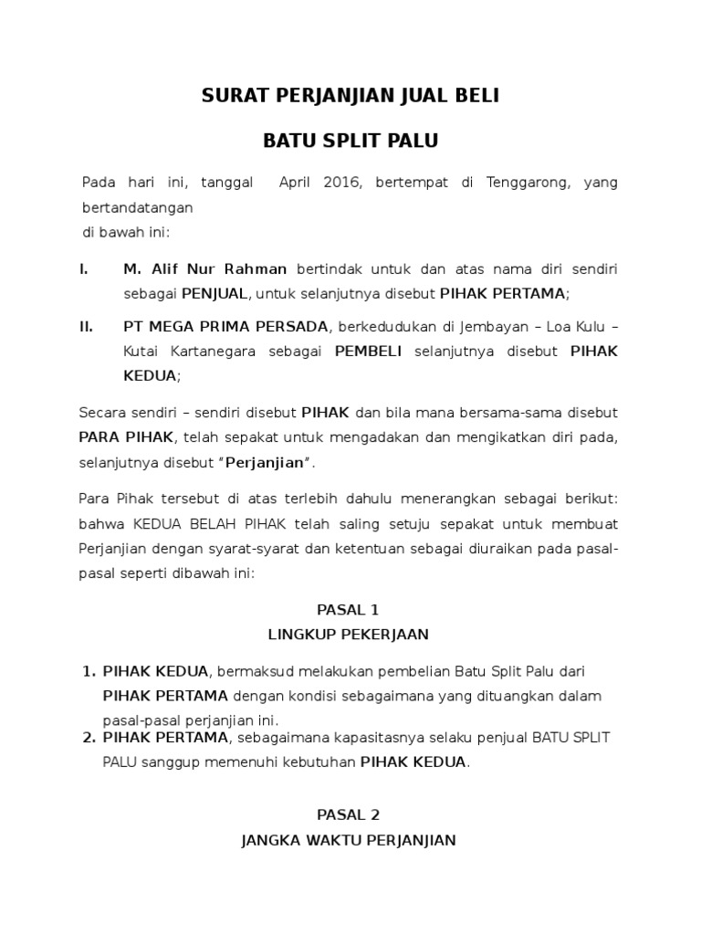 Perjanjian Jual Beli Batu Split Palu MPP 1000kubik | PDF