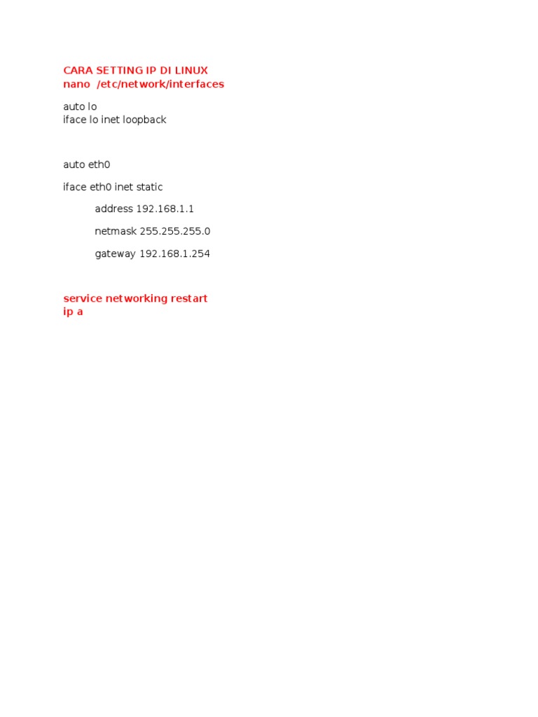 Auto Lo Iface Lo Inet Loopback: Cara Setting Ip Di Linux Nano /etc/network/interfaces | PDF