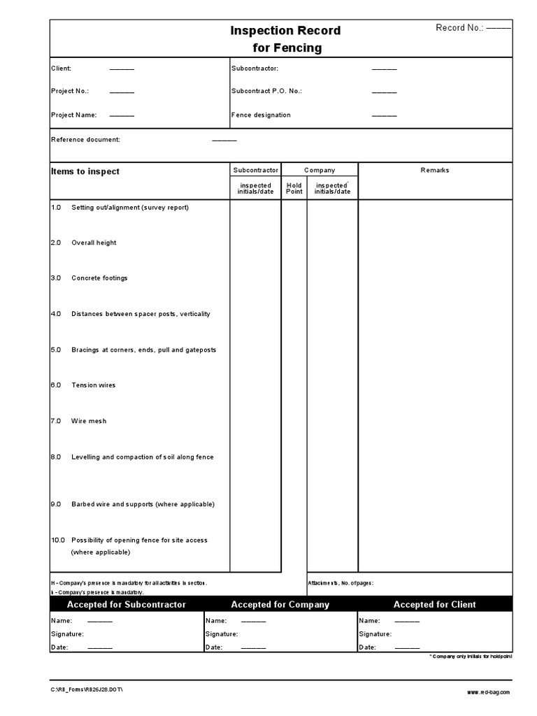 Inspection Record For Fencing | PDF