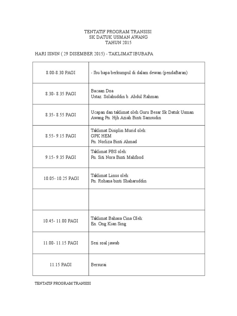 Tentatif Program Transisi | PDF