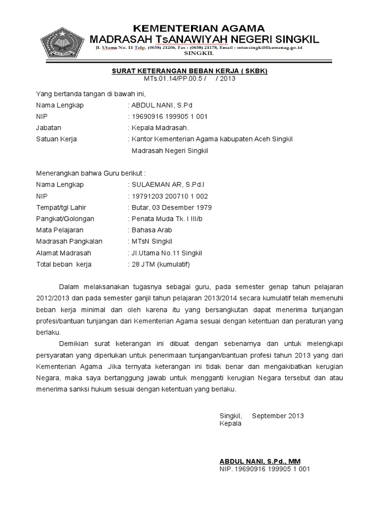 Surat Keterangan Beban Kerja (SKBK) An. Dra. Rosmidar | PDF