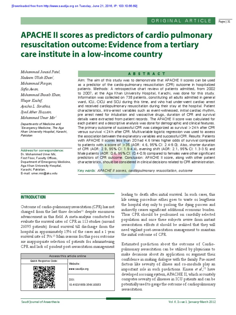 APACHE II Scores as Predictors | Cardiopulmonary Resuscitation ...