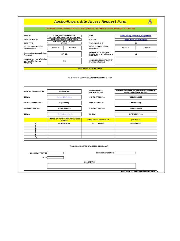 Site Access Request Form (ACBA - 0105 (BGW00174) ) | PDF