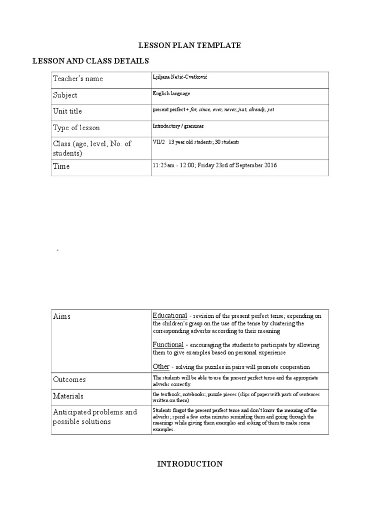 Present Perfect Lesson Plan | PDF | Classroom | Pedagogy