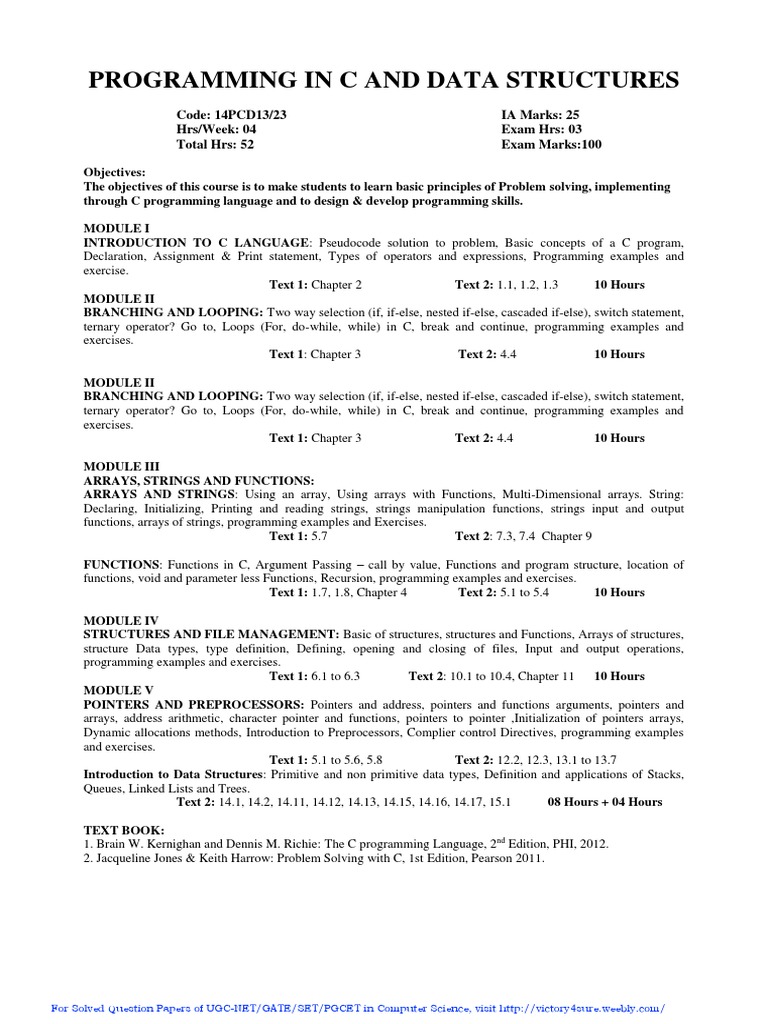 Vtu 1st Sem Programming In C And Data Structures Notes 14pcd13 Pdf Control Flow Pointer