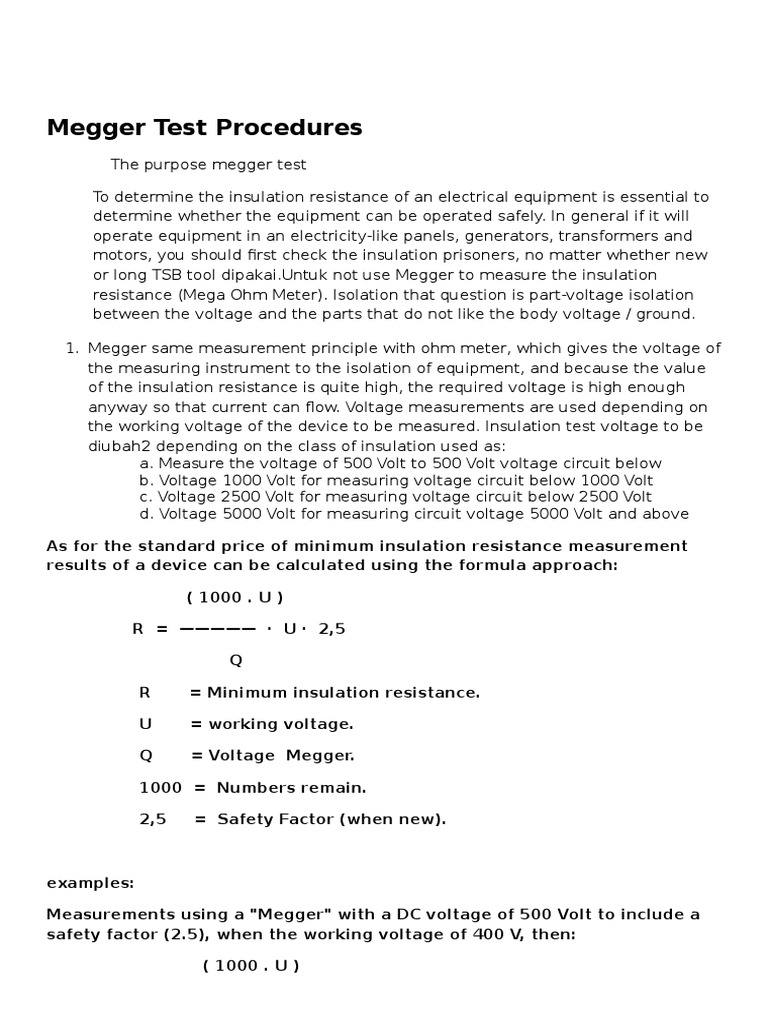 Procedure Megger Test. | Voltage | Electrical Resistance And Conductance