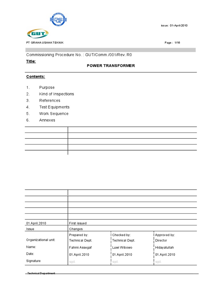 Power Transformer Testing And Commissioning Procedure Rev R0