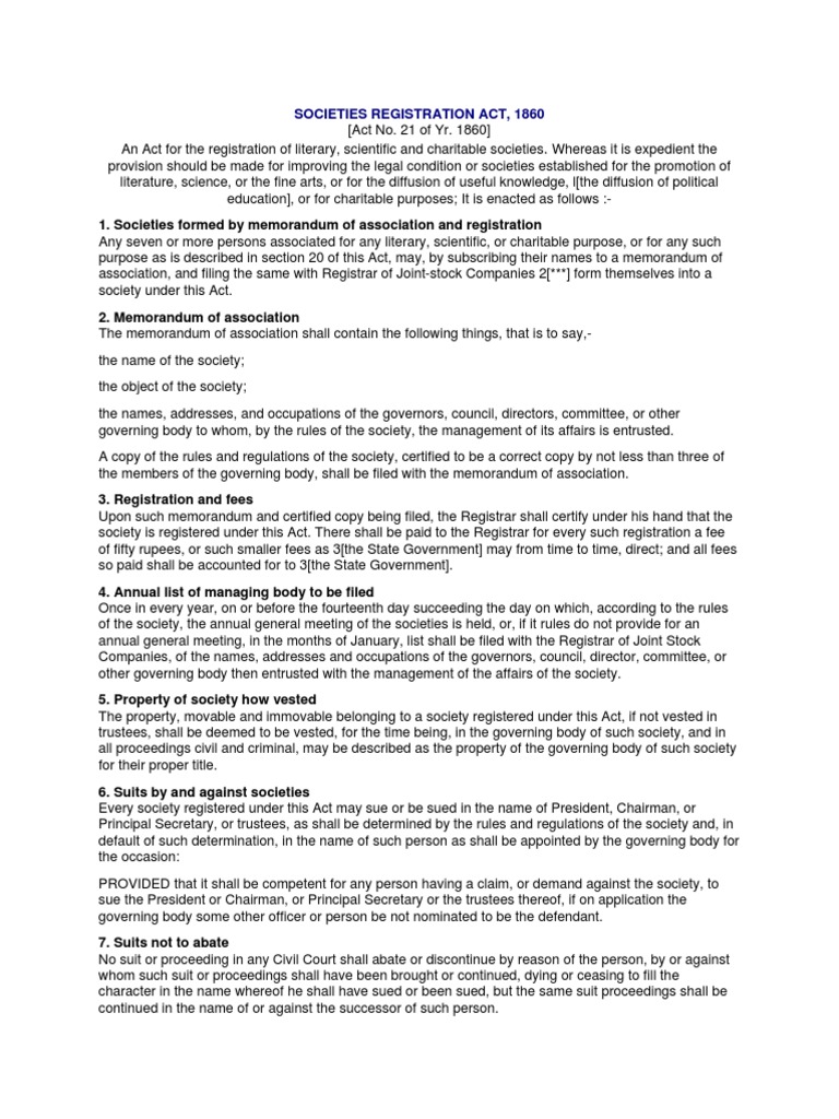 Societies Registration Act, 1860 | PDF