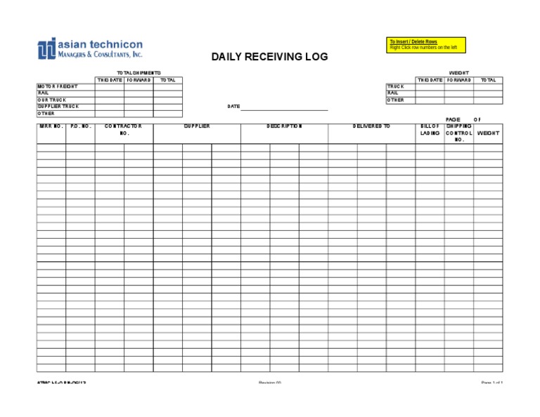 Daily Receiving Log Template | PDF