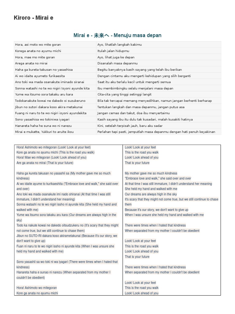 Kiroro - Mirai e - Lyrics
