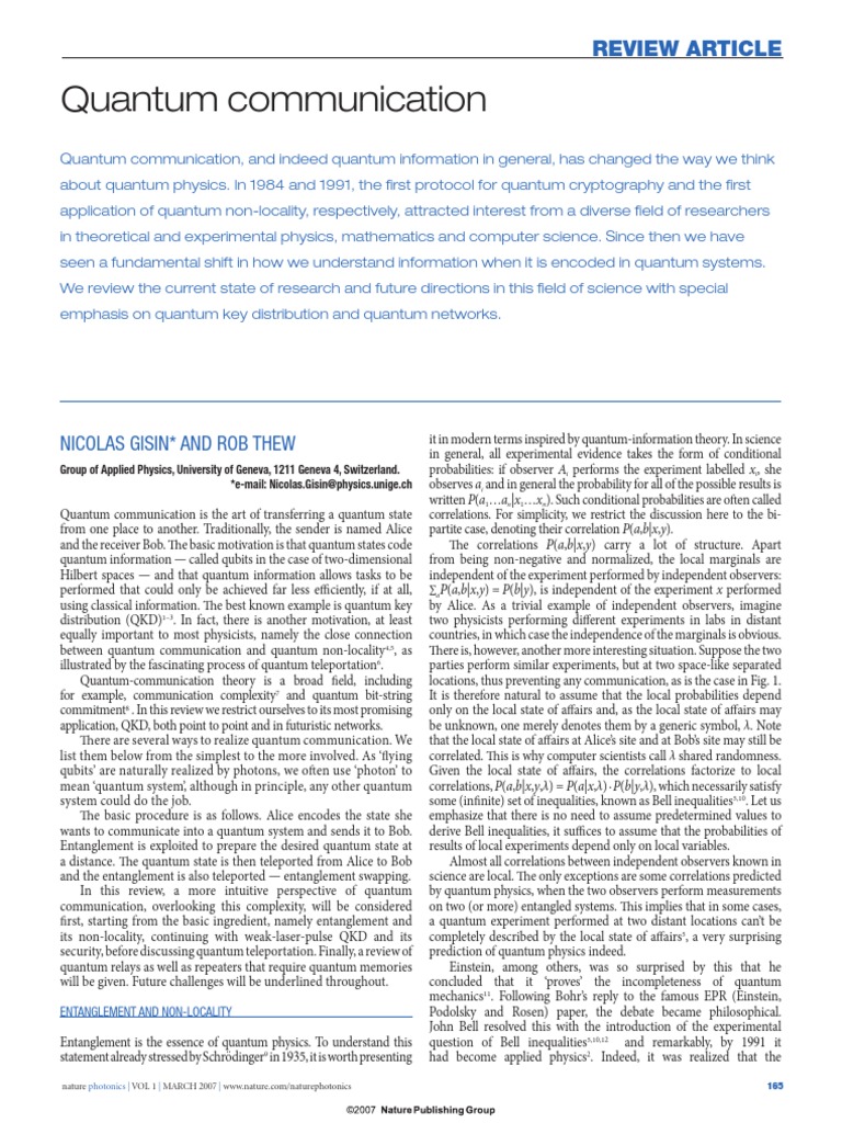 Quantum Communication: Nicolas Gisin and Rob Thew | PDF | Quantum ...