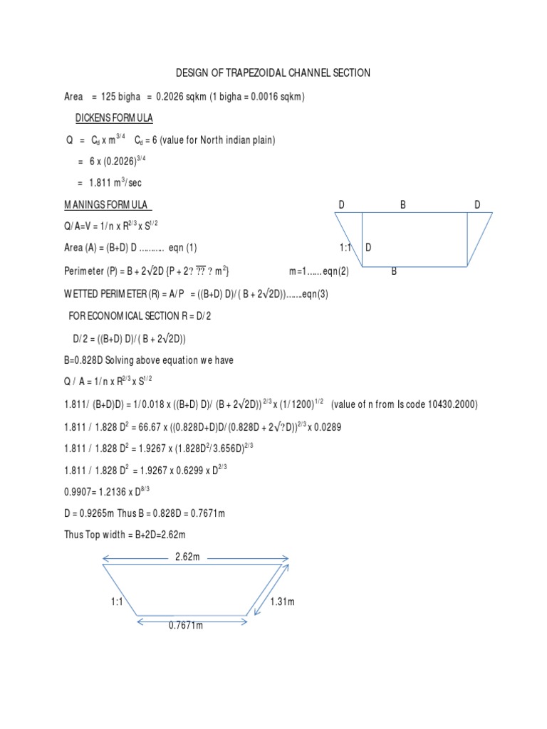 Trapezoidal Channel Design Calculations | PDF | Teaching Methods ...