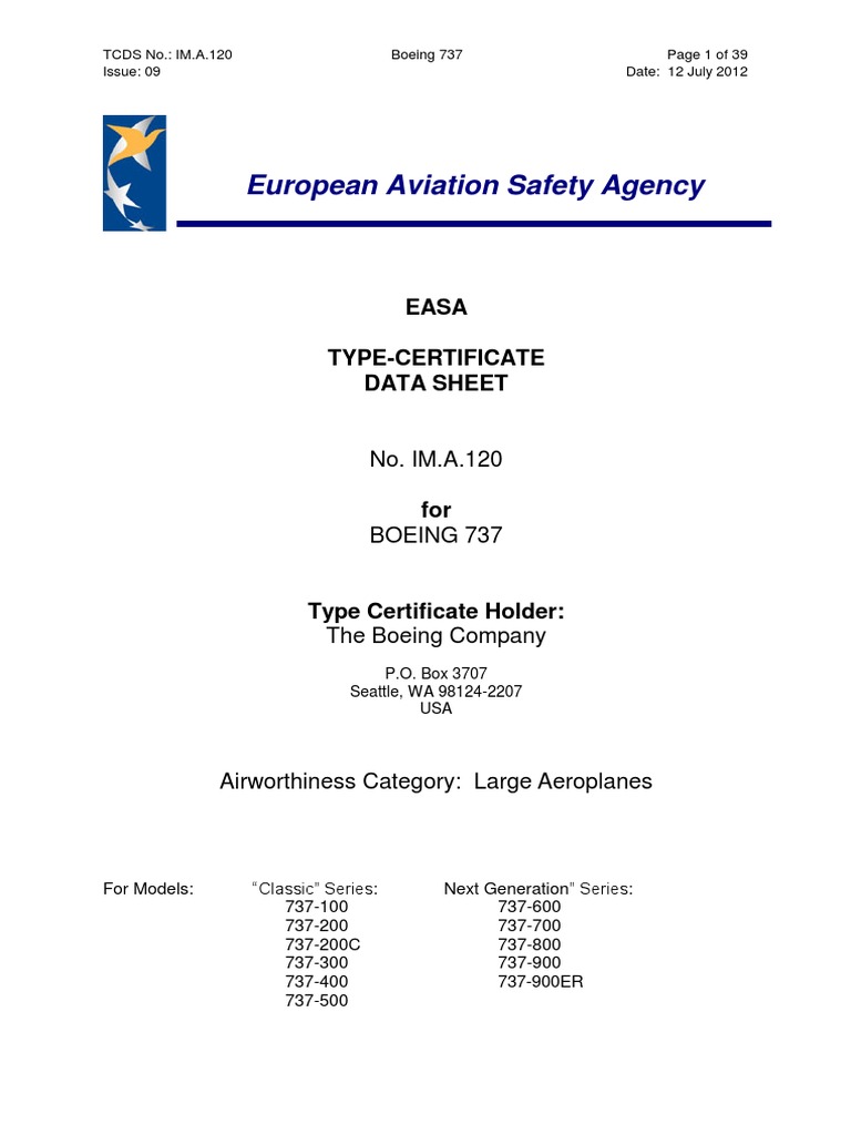 EASA TCDS A.120 - (IM) - Boeing - 737 09 12072012 PDF | PDF | Airplane ...