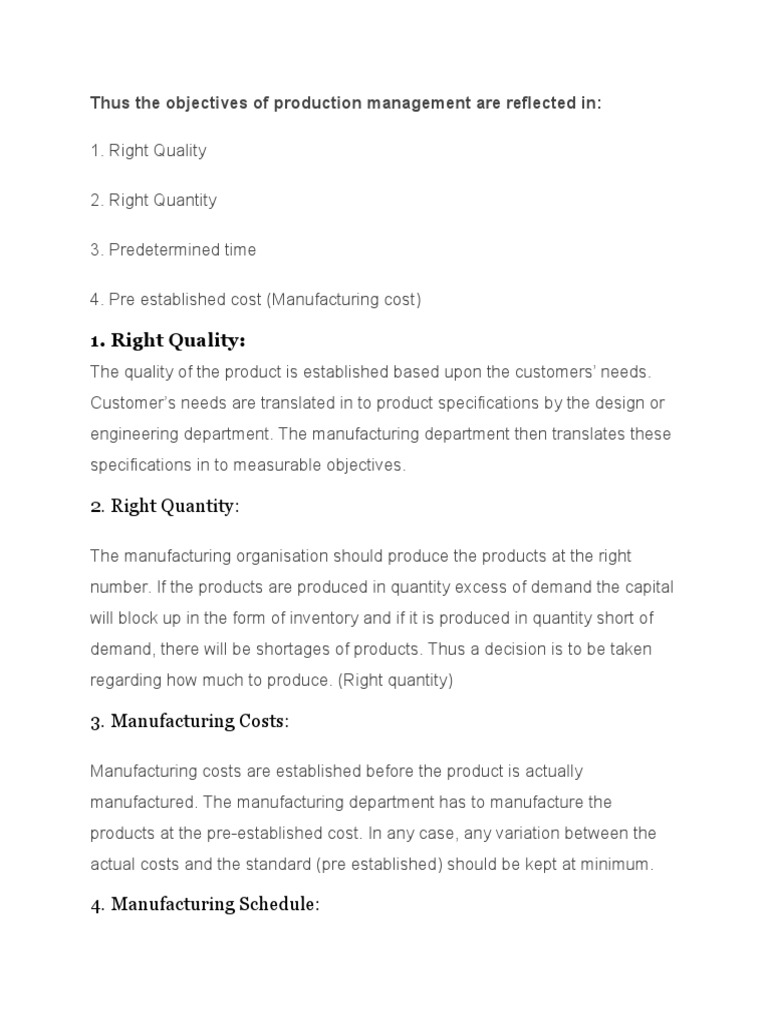 Thus The Objectives of Production Management Are Reflected in | PDF ...