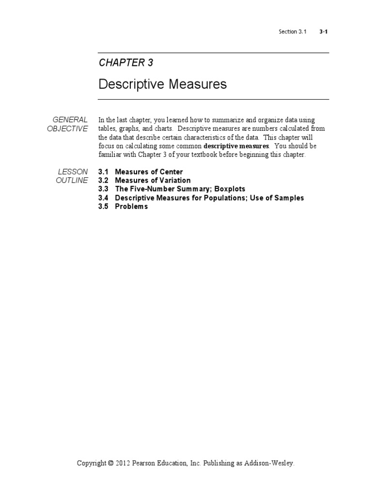 Chapter 3 Descriptive Measures | PDF | Median | Mean