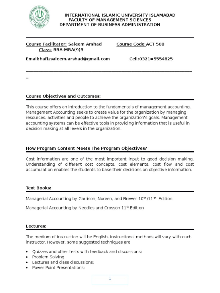 Management Accounting Course Outline BBA-MBA 9 | PDF | Management ...