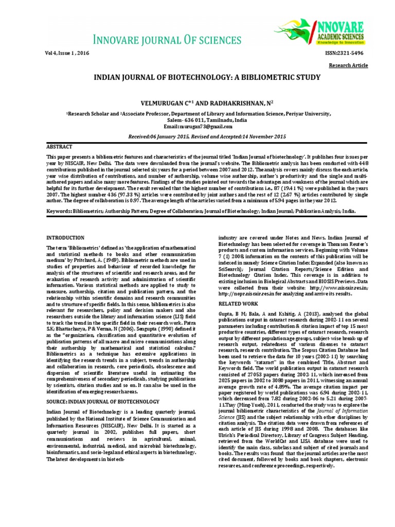 Indian Journal of Biotechnology A Bibliometric Study | PDF ...