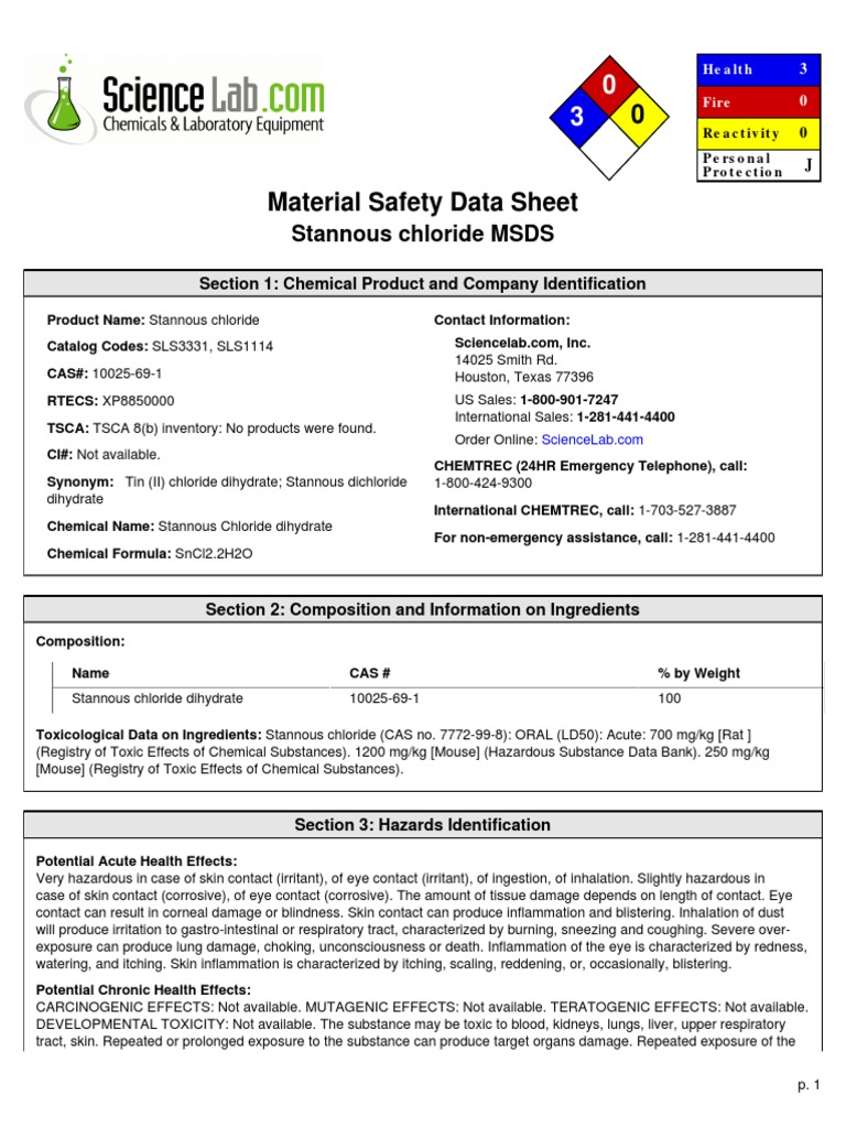 Stannous Chloride MSDS PDF | PDF | Solubility | Toxicity