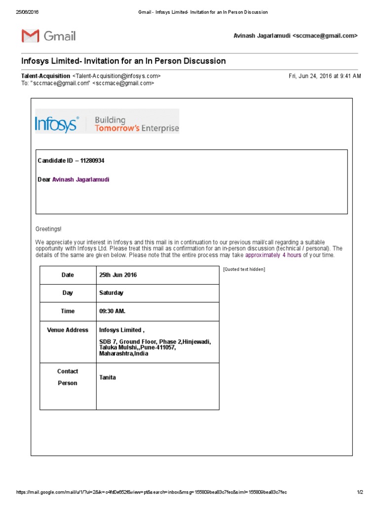 Gmail - Infosys Limited - Invitation For An in Person Discussion | PDF