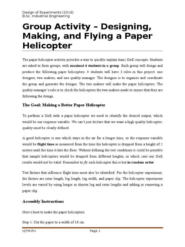 Paper Helicopter Activity | PDF | Helicopter | Design Of Experiments