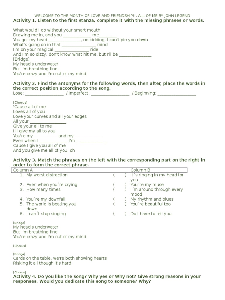 All of Me by John Legend Activities | PDF | Poetry